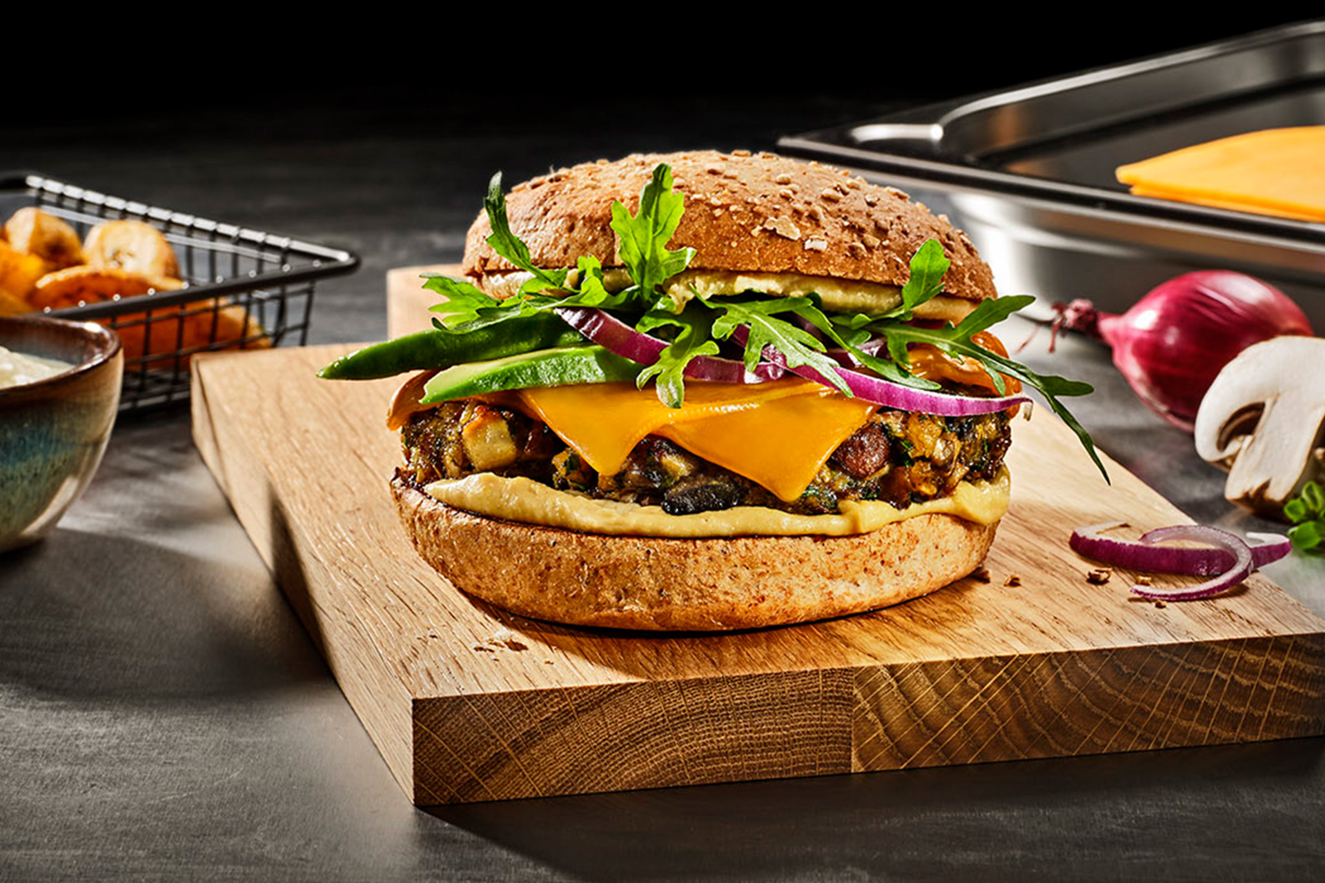 Veggie Burger with Mozzarella Dip and Wedges